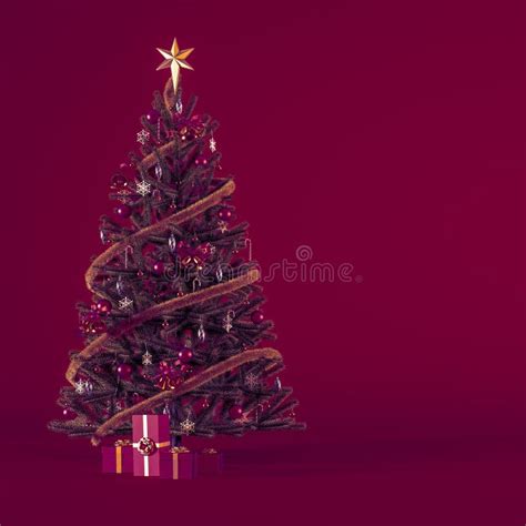 Christmas Tree Decorated With Ornaments And Presents On Burgundy Square