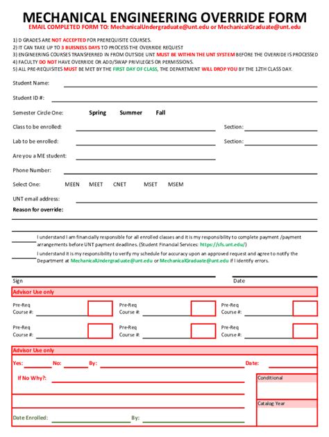 Fillable Online MECHANICAL ENGINEERING OVERRIDE FORM Fax Email Print PdfFiller