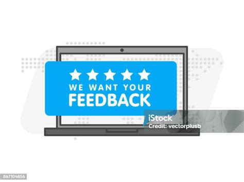 우리는 귀하의 의견을 원하는 기호로 노트북 컴퓨터입니다 벡터 일러스트 레이 션 Brand Name Online Messaging