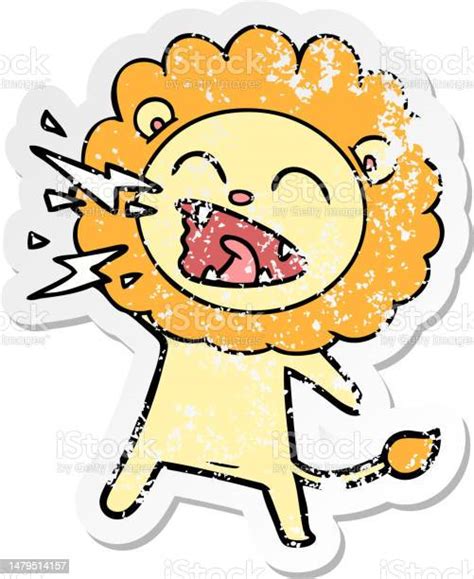Autocollant En Détresse Dun Lion Rugissant De Dessin Animé Vecteurs