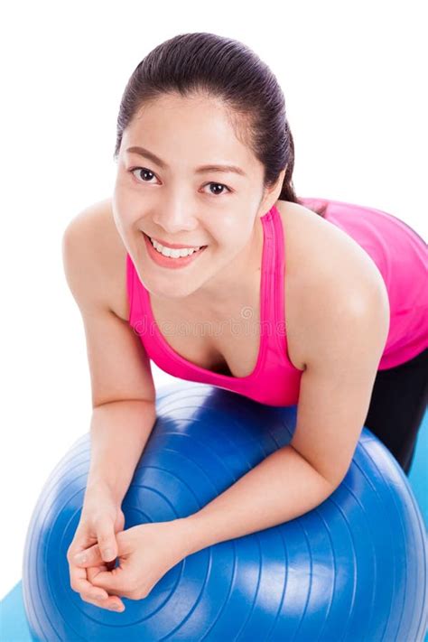 Healthy Woman Girl Smiling And Leaning Fitness Ball Isolated O Stock