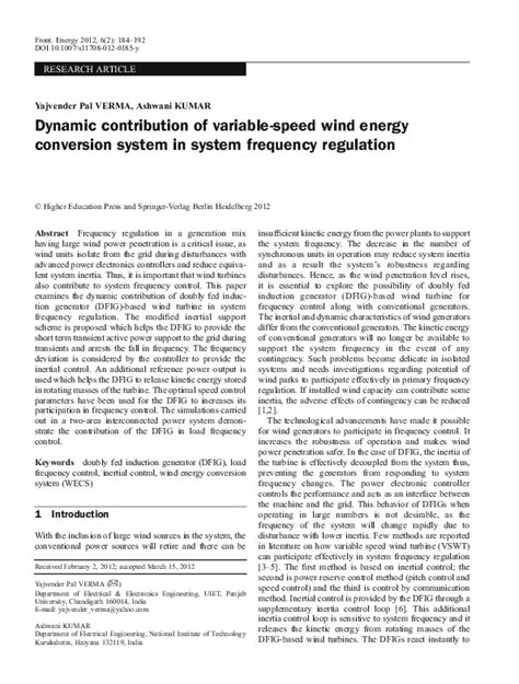 Pdf Dynamic Contribution Of Variable Speed Wind Energy Conversion