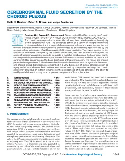 Cerebrospinal Fluid Secretion By The Choroid Plexus