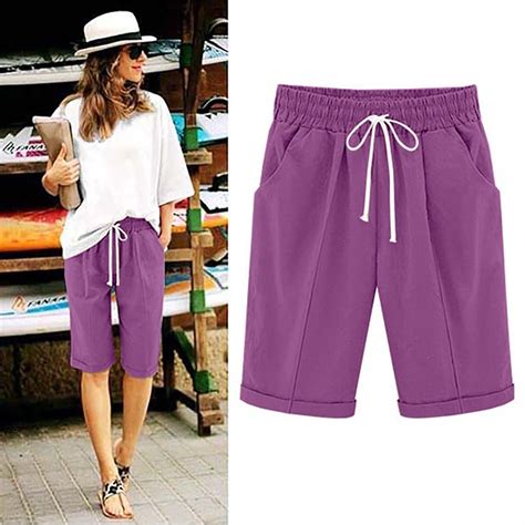 Sakmal Bermuda Shorts Women Cotton Linen Khaki Purple Solid 9 High