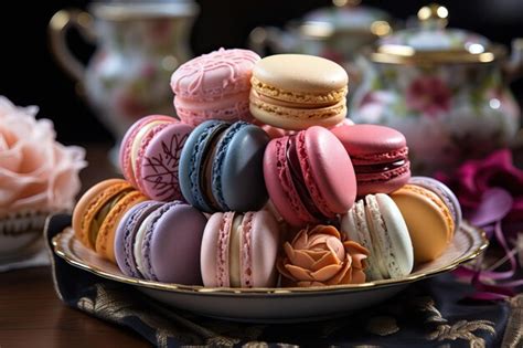 Premium Photo CloseUp Of MultiColored Macaroon Cakes On Plate