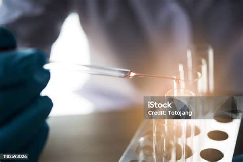실험실 에서 테스트 튜브에서 혈액 샘플을 분석 하는 실험실 기술자 조수 의료 제약 및 과학 연구 및 개발 개념 Dna에 대한