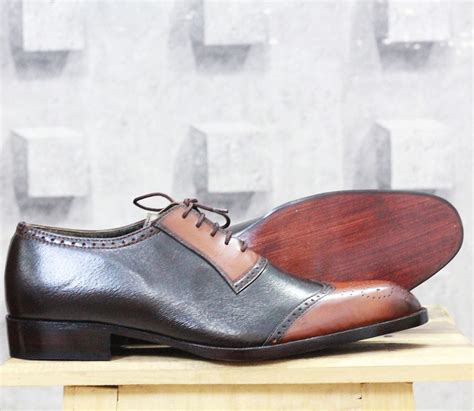 Handmade Mens Two Tone Tan Brown Wing Tip Leather Shoes Dress Shoes