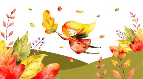 Premium Vector Watercolor Autumn Banner Flying Girl With Leaves