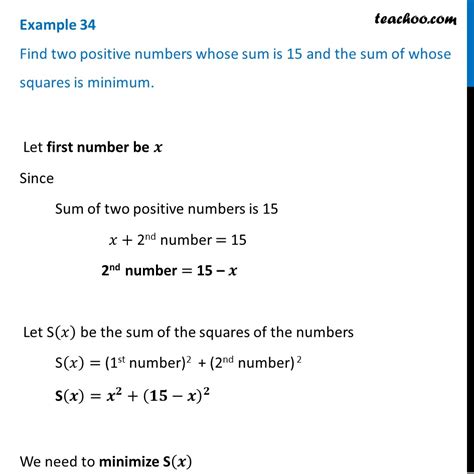 Example 34 Find Two Numbers Whose Sum Is 15 Sum Of Squares