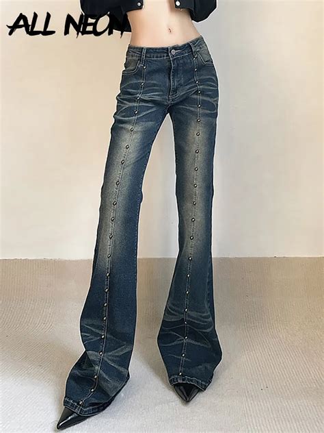 Allneon Y2k 그런지 레트로 리벳 트림 로우 웨이스트 플레어 청바지 슬림 여성 빈티지 90 년대 미적 전체 길이 고민 데님 바지 Aliexpress