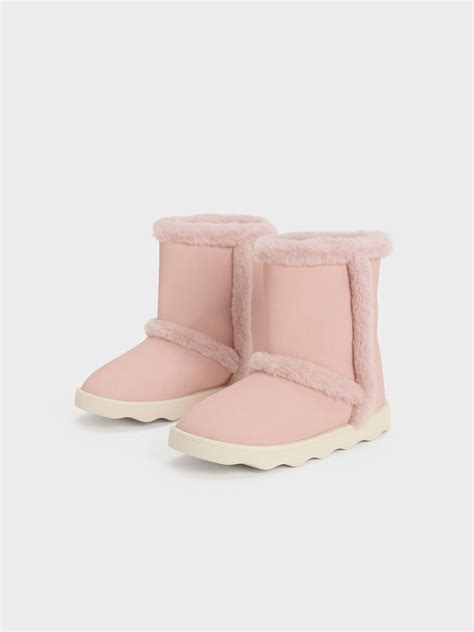 Blush Girls Fur Trim Textured Ankle Boots Charles And Keith International