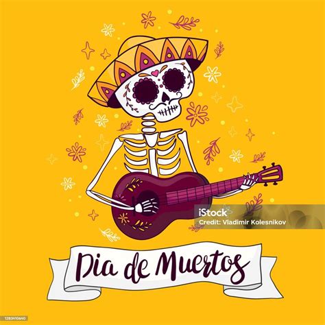 멕시코 휴일 죽은 자의 날의 벡터 손으로 그린 그림 전통적인 설탕 두개골 금잔화 꽃과 촛불 그리고 문자 디아 드 무에르토와 엽서 11월에 대한 스톡 벡터 아트 및 기타