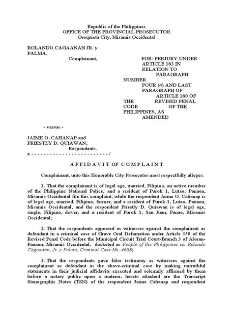 Affidavit Of Complaint Sample Pdf Perjury Affidavit