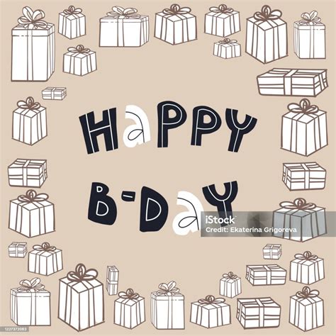 해피 Bday 인사말 카드 초대장 디자인 또는 배너 템플릿 다양한 선물과 장소에 대한 텍스트 중간에 손으로 그린 귀여운 글자 고립 된 일러스트 겨울에 대한 스톡 벡터 아트