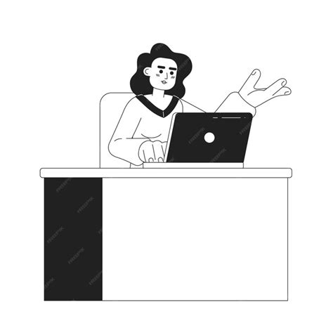 노트북 작업을 하는 바쁜 히스패닉 여성 2d 벡터 단색 격리된 지점 그림 흰색 배경에 매력적인 사무실 플랫 손으로 그린 문자