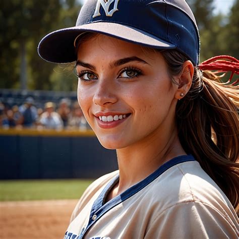 Woman Playing Softball Baseball In Field Team Sports Premium Ai