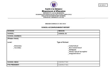 Be Form 7 Form For Brigada Eskwela Be Form 7 Brigada Eskwela S School Accomplishment Report