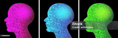 픽셀 헤드 프로파일 집합입니다 인공 지능 로고 컬렉션 Ai 기술 아이콘 파란색 녹색 분홍색 색상 벡터 일러스트레이션 개념에 대한 스톡 벡터 아트 및 기타 이미지 Istock