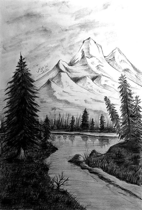How To Draw Easy Pencil Sketch Scenery Landscape Pahar And River Side