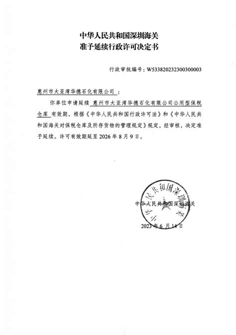 中华人民共和国深圳海关准予延续行政许可决定书W533820232300300003