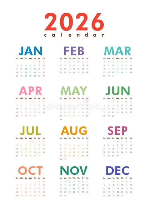 Colorful Printable A4 Vertical 2026 Calendar Stock Vector