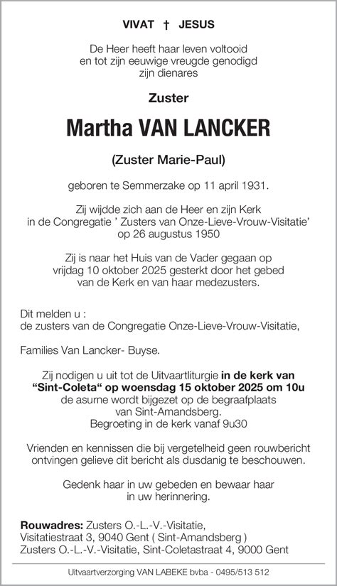 Martha Van Lancker † 10102025 Inmemoriam