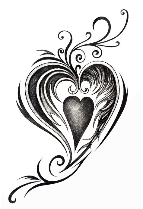 Fancy Art Feather Mix Heart Tattoo Design By Hand Drawing And Make