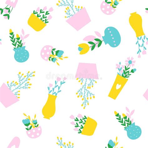 Seamless Pattern With Flowers In A Vase Vector Illustrations Stock