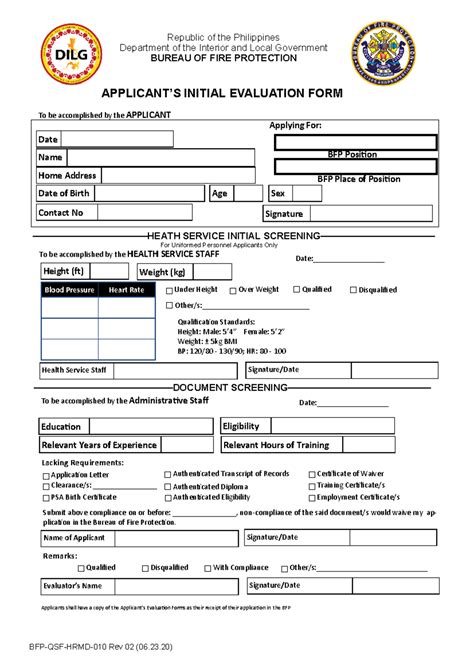 Initial Evaluation Form 1 BFP QSF HRMD 010 Rev 02 06 23 Republic Of The Philippines