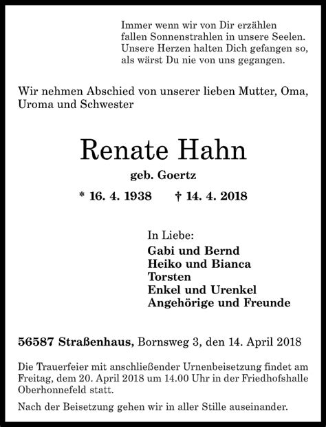 Traueranzeigen Von Renate Hahn Rz Trauer De