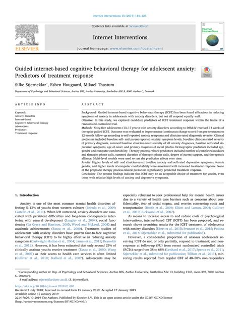 Pdf Guided Internet Based Cognitive Behavioral Therapy For Adolescent Anxiety Predictors Of