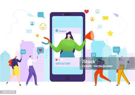 스마트 폰의 온라인 마케팅 인터넷 네트워크 벡터 일러스트레이션의 사람들 전화 모바일 커뮤니티의 소셜 미디어 게시물 먹이기에 대한