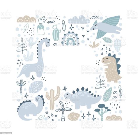 원 벡터 프레임 공룡과 흰색 배경에 텍스트에 대한 장소와 손으로 글자 디노 인사말 카드 포스터 디자인 스칸디나비아 요소 공룡에 대한 스톡 벡터 아트 및 기타 이미지 Istock