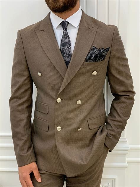 Brown Slim Fit Double Breasted Suit For Men