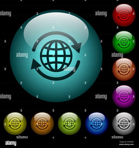 international icons in color illuminated spherical glass buttons on