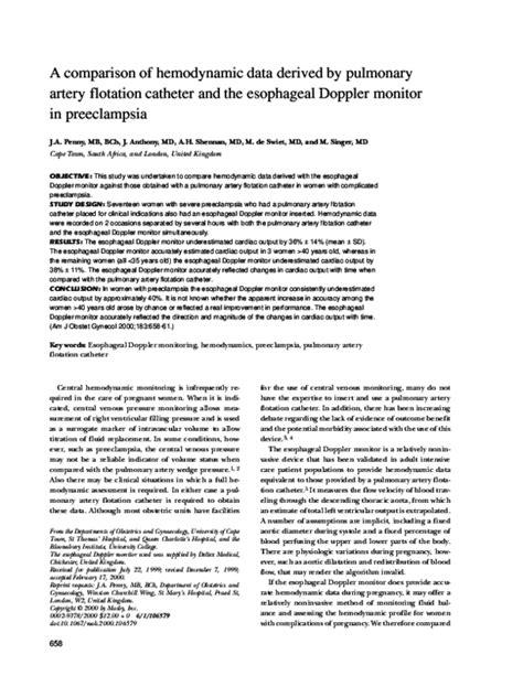 Pdf A Comparison Of Hemodynamic Data Derived By Pulmonary Artery Flotation Catheter And The