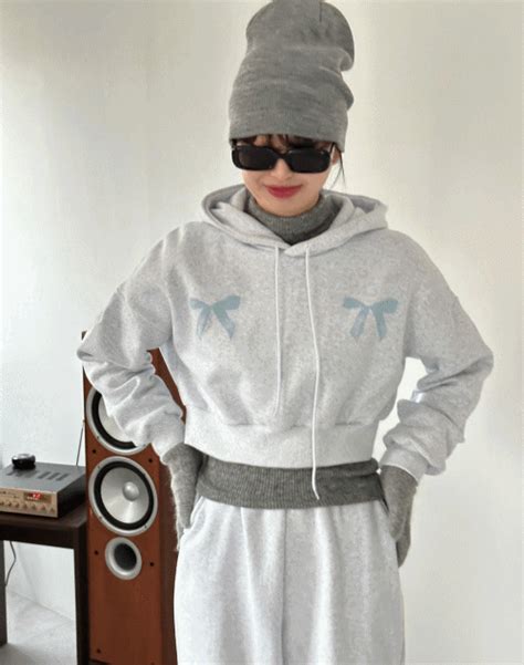 세트 기모 리본 후드 크롭 맨투맨 와이드 조거 트레이닝 세트 [4color] 에이블리