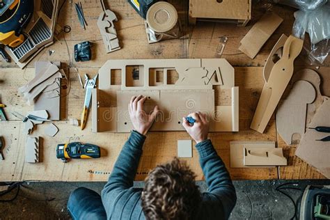 A Man Assembles A Cardboard 3d Model Stock Illustration Illustration