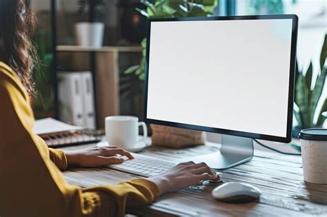 woman using computer keyboard at table with space for text premium ai