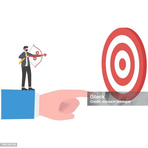 비즈니스 이점 또는 효율성 사업가 서서 목표 목표 또는 목표를 달성하기 위한 사업 방향을 가리키는 거대한 손에 활을 들고