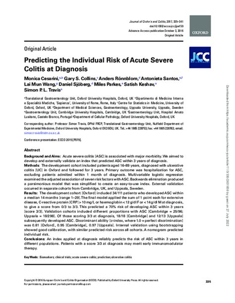 Pdf Predicting The Individual Risk Of Acute Severe Colitis At Diagnosis