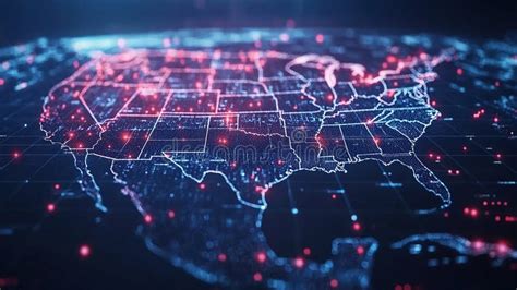 Digital Map Of The Usa With Glowing Nodes Representing Data Points Or