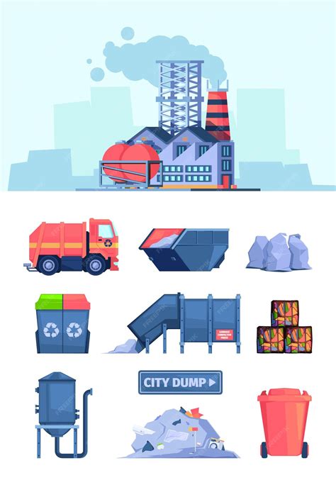 재활용 공정 쓰레기 벡터 삽화를 플랫 스타일로 청소하기 위한 산업 폐기물 분류 기계용 차량 프리미엄 벡터