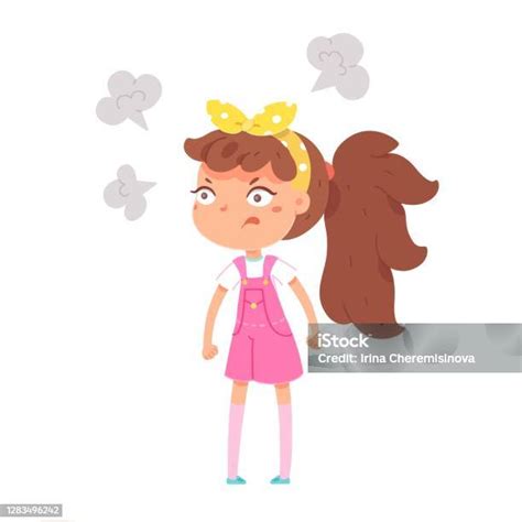 화가 어린 소녀는 엉덩이에 손을 넣어 드레스를 입고 머리에 활을 입고 귀여운 아이 흰색 배경에 고립 된 사람 어린이 제스처 감정