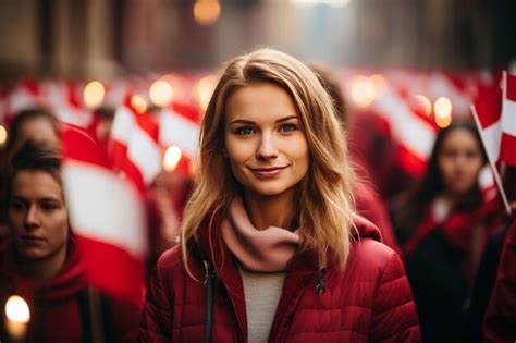 Premium Photo Young Cheerful Girl Against The Backdrop Of Crowd Of