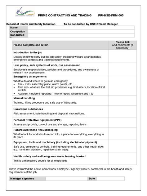 Pri Hse Frm 005 Workers Health And Safety Induction Checklist