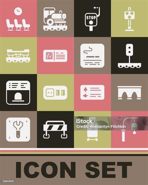 기차역 종 기차 신호등 비상 브레이크 Qr 코드 티켓 화물 마차 대기실 및 흡연 구역 아이콘을위한 다리 설정 벡터 아이콘에 대한 스톡 벡터 아트 및 기타 이미지 Istock