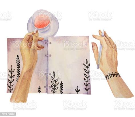 문신 펜으로 수채화 손과 흰색에 빈 종이와 차 한 잔을 들고 공간 배경 복사 수채화에 대한 스톡 벡터 아트 및 기타 이미지