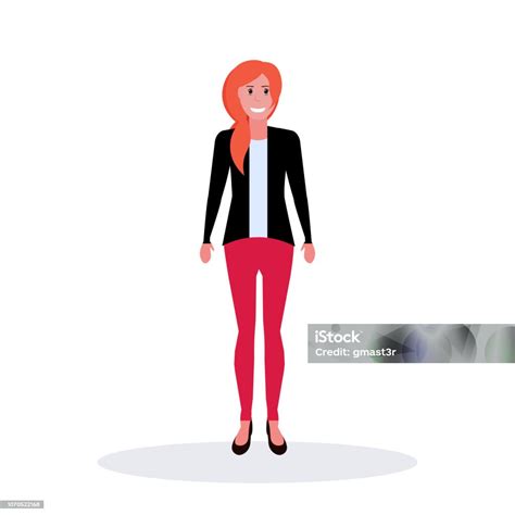사업가 서 포즈 비즈니스 여자 사무실 노동자 여성 만화 캐릭터 전체 길이 플랫 절연 빨간 머리에 대한 스톡 벡터 아트 및 기타