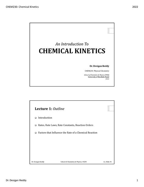 Chem230 An Introduction To Chemical Kinetics 2 Slide Handout An